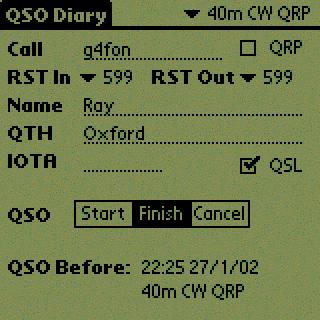 QSO Diary, a logging programme for the Palm Platform
